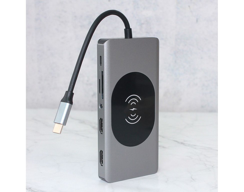 Adapter Type C na LAN Gb, Wireless PC, SD card, TF, Type C, 3xUSB 3.0, 2xUSB 2.0, Audio, 2xHDMI i VGA 14 u 1 20cm kabl