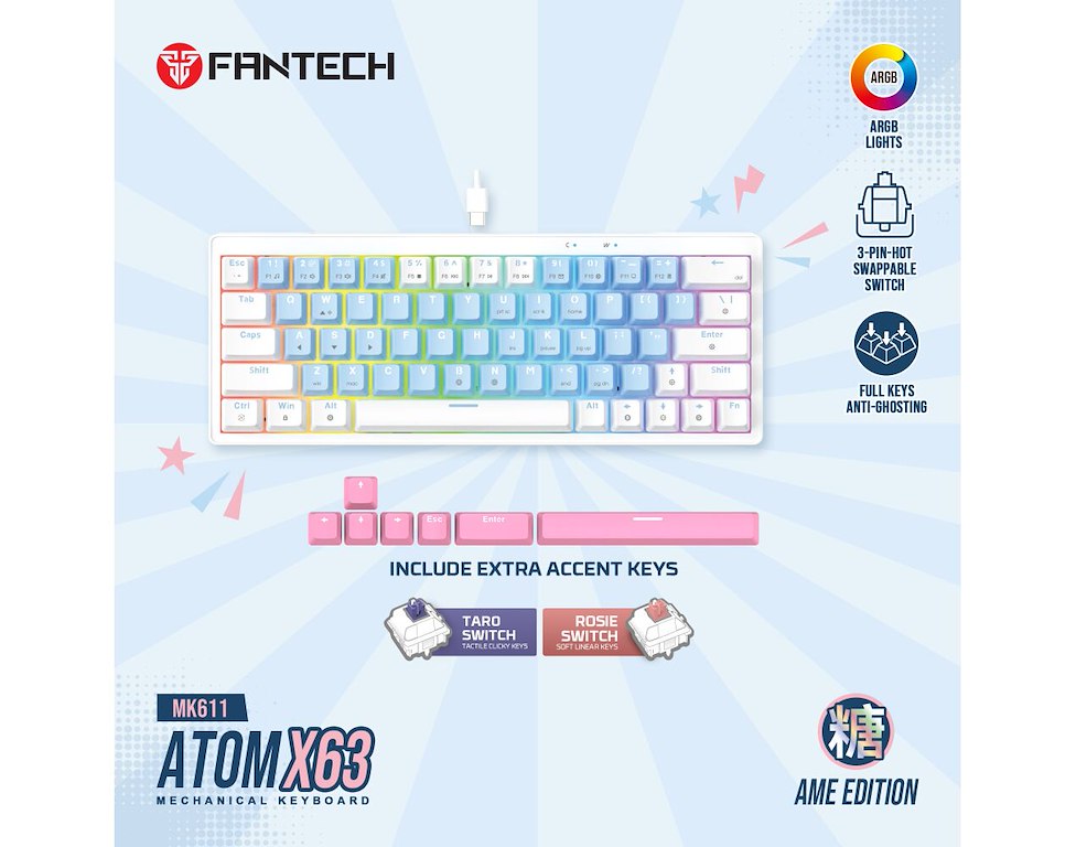 Tastatura Mehanicka Gaming Fantech MK611 Atom x63 AME plava (rosie switch)