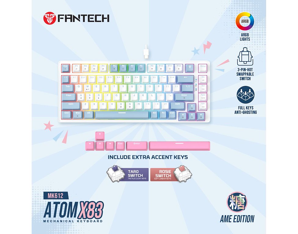 Tastatura Mehanicka Gaming Fantech MK612 Atom x83 AME bela (rosie switch)