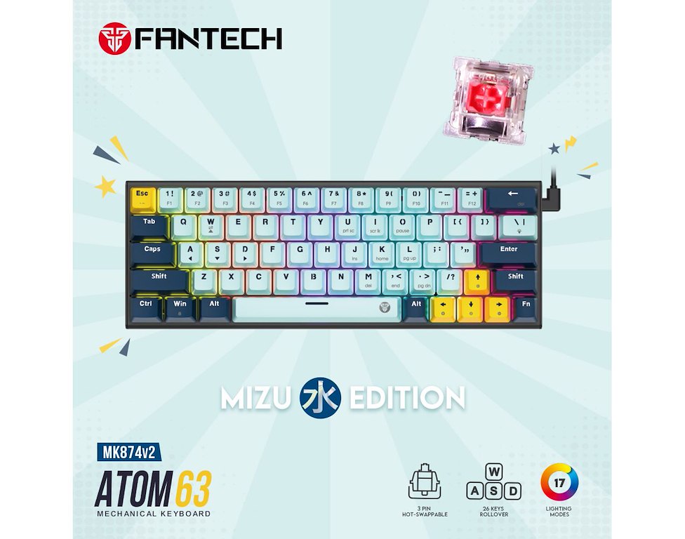 Tastatura Mehanicka Gaming Fantech MK874 RGB Atom 63 SkyBlue (Red switch)