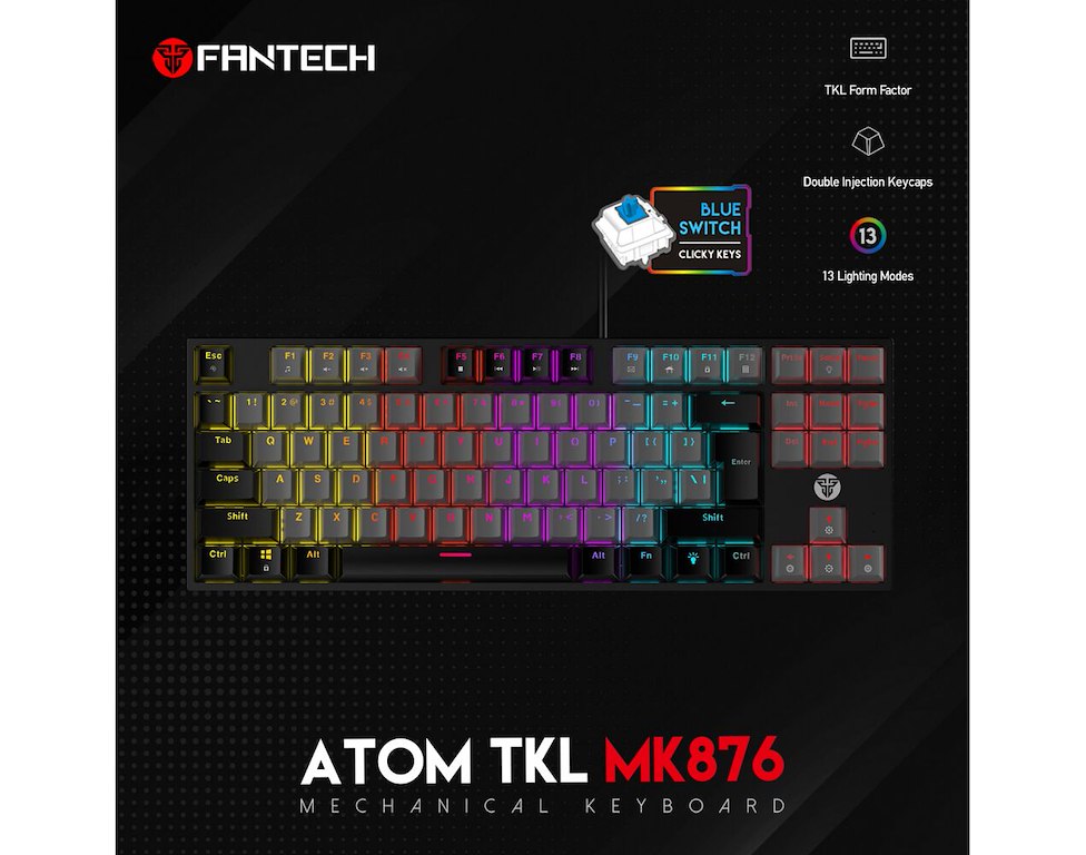 Tastatura Mehanicka Gaming Fantech MK876 RGB Atom TKL siva (Blue switch)