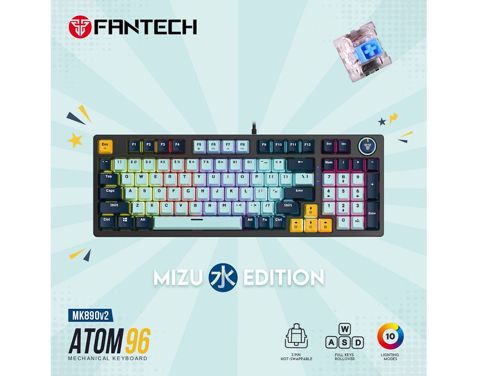 Tastatura Mehanicka Gaming Fantech MK890 RGB Atom MK96 SkyBlue (Blue switch)