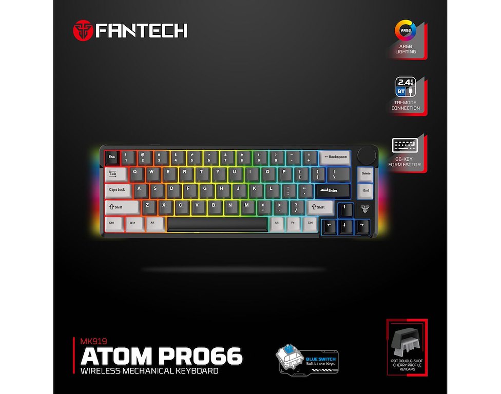 Tastatura Mehanicka Gaming Fantech MK919 Atom PRO66 crna (Blue switch)