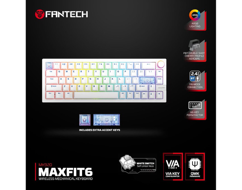 Tastatura Mehanicka Gaming Fantech MK920 RGB Maxfit 6 Wireless bela (White switch)