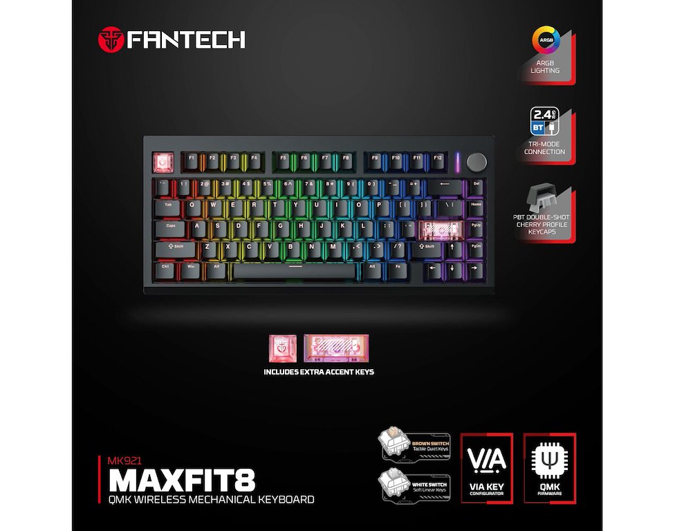 Tastatura Mehanicka Gaming Fantech MK921 Maxfit 8 Wireless black (crni) white (beli) switch