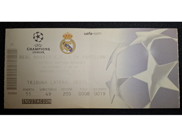 Real Madrid - Partizan 22.10.2003. Ulaznica