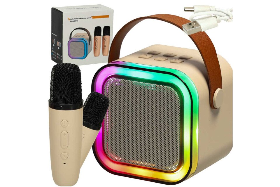 Karaoke set sa 2 mikrofona + prenosivi BLUETOOTH USB LED zvučnik, bež Proizvod nedelje
