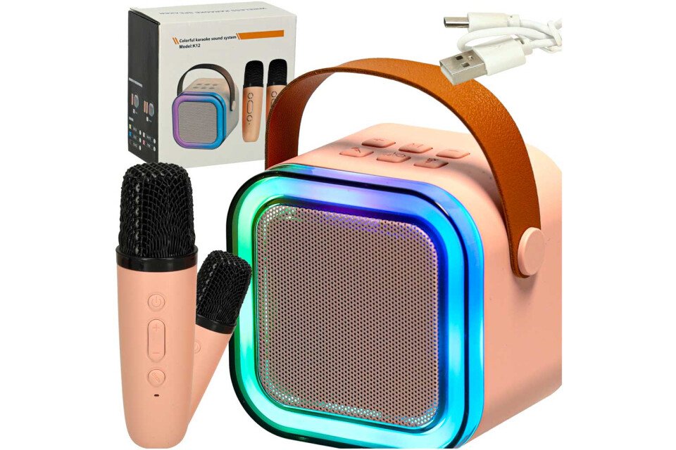 Karaoke set sa 2 mikrofona + prenosivi BLUETOOTH USB LED zvučnik, roze    Pevaj glasno