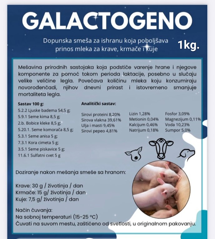 GALACTOGENO dopunska smeša za poboljšanje prinosa mleka kod krava, krmača i kuja 1kg