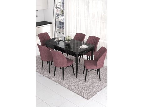 HANAH HOME Set Trpezarijski sto i 6 stolica Eva Black Marble Dusty Rose