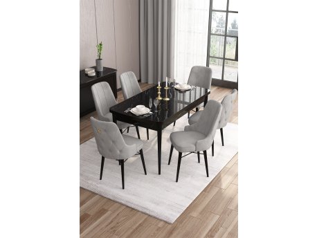 HANAH HOME Set Trpezarijski sto i 6 stolica Are Black Marble Grey