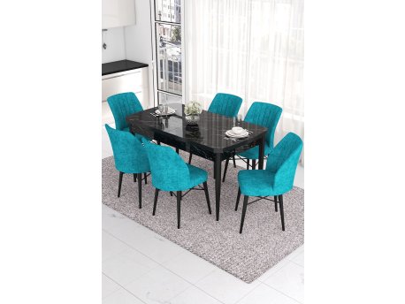 HANAH HOME Set Trpezarijski sto i 6 stolica Eva Black Marble Turquoise