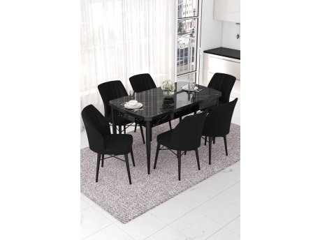 HANAH HOME Set Trpezarijski sto i 6 stolica Nef Black Marble Black
