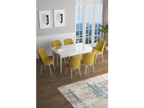 HANAH HOME Set Trpezarijski sto i 6 stolica Han White Mustard