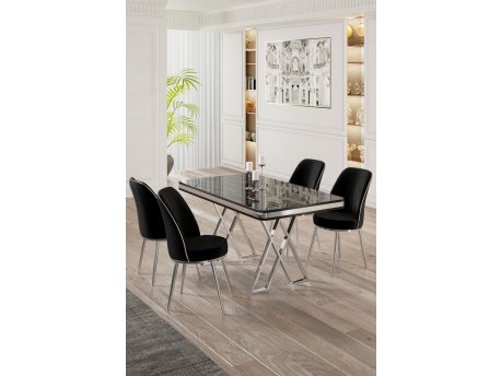HANAH HOME Set Trpezarijski sto i 4 stolice Vals Black Marble Chrome Black