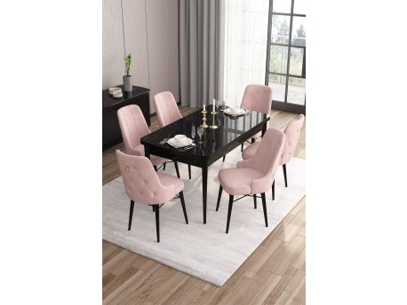 HANAH HOME Set Trpezarijski sto i 6 stolica Are Black Marble Pink