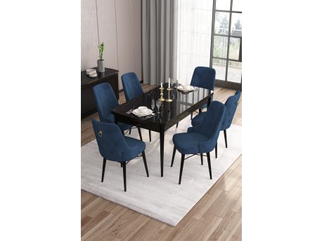 HANAH HOME Set Trpezarijski sto i 6 stolica Are Black Marble Navy Blue