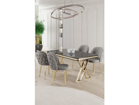 HANAH HOME Set Trpezarijski sto i 4 stolice Rigel Black Marble Gold Grey