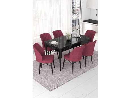 HANAH HOME Set Trpezarijski sto i 6 stolica Nef Black Marble Burgundy