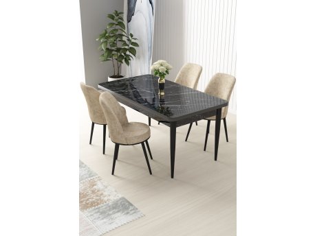 HANAH HOME Set Trpezarijski sto i 4 stolice Nil Black Marble Cream