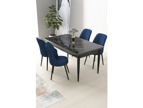 HANAH HOME Set Trpezarijski sto i 4 stolice Nil Black Marble Navy Blue