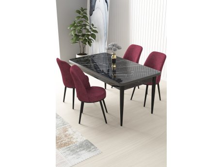 HANAH HOME Set Trpezarijski sto i 4 stolice Nil Black Marble Burgundy