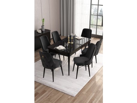HANAH HOME Set Trpezarijski sto i 6 stolica Are Black Marble Black