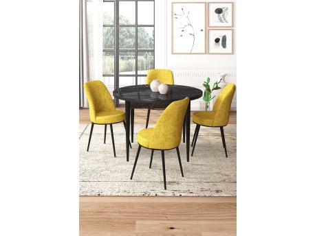 HANAH HOME Set Trpezarijski sto i 4 stolice Tor Black Marble Mustard