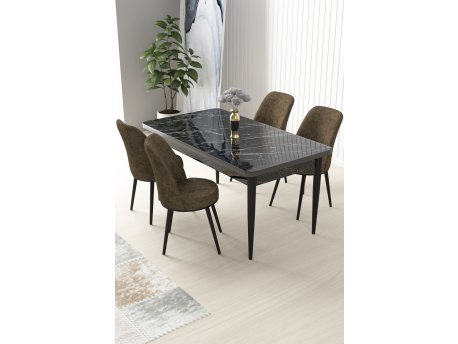 HANAH HOME Set Trpezarijski sto i 4 stolice Nil Black Marble Brown