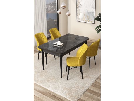 HANAH HOME Set Trpezarijski sto i 4 stolice Arp Black Marble Mustard