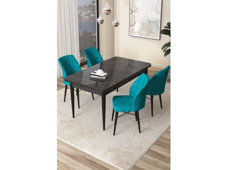 HANAH HOME Set Trpezarijski sto i 4 stolice Arp Black Marble Turquoise