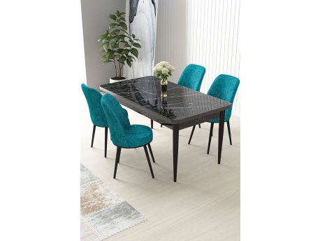 HANAH HOME Set Trpezarijski sto i 4 stolice Nil Black Marble Turquoise