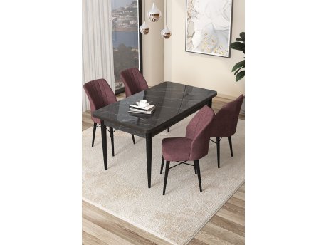 HANAH HOME Set Trpezarijski sto i 4 stolice Arp Black Marble Dusty Rose