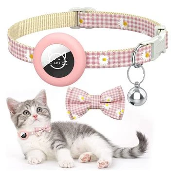 APPLE AIRTAG 1/2 SILICONE CASE WITH DAISY PATTERN PET COLLAR AND BOW - PINK