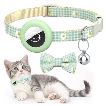 APPLE AIRTAG 1/2 SILICONE CASE WITH DAISY PATTERN PET COLLAR AND BOW - GREEN