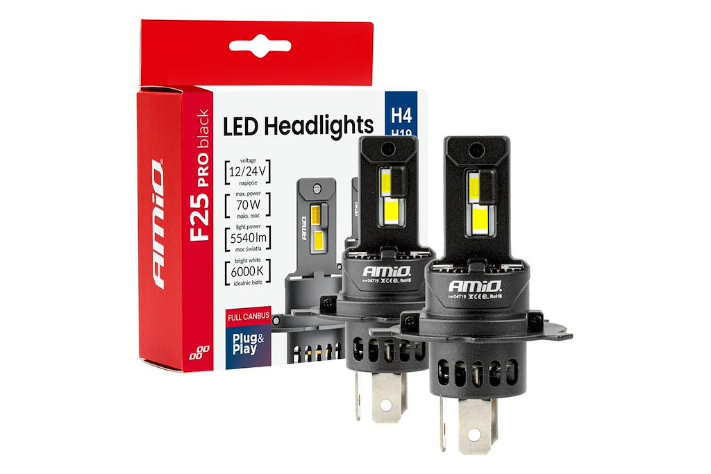 LED auto sijalice serije F25 PRO crne FULL CANBUS H4 H19 70W 12V 24V AMIO-04719    Full Canbus