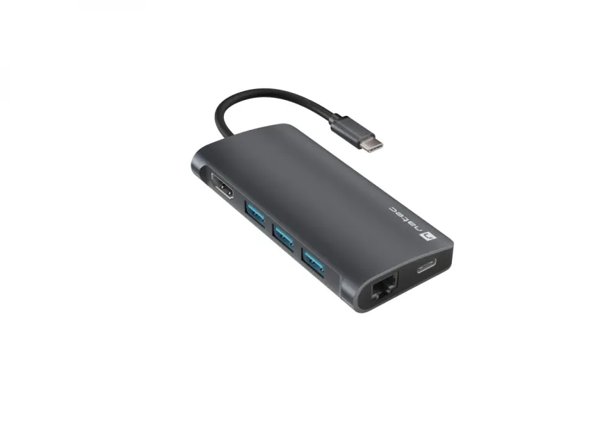 Natec NMP-2162 FOWLER 2 V2, USB Type-C 8-in-1 Multi-port Adapter (USB3.0 Hub + USB-C + HDMI + PD3.0 + SD/MicroSD card reader + Gigabit LAN), 4K/60Hz, Max. 100W Output, Darg Grey