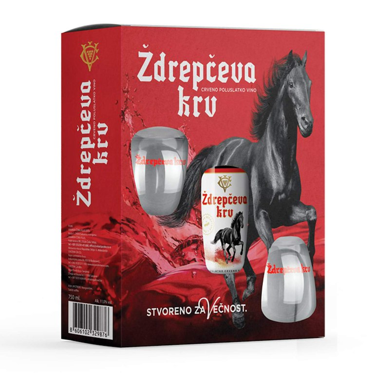 Ždrepčeva krv crveno vino 0.75 l + 2 čaše Vinoprodukt Čoka