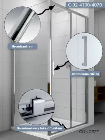 Tuš kabina Concept Atlas srebrni ram 100x70x195cm providno staklo 6mm
