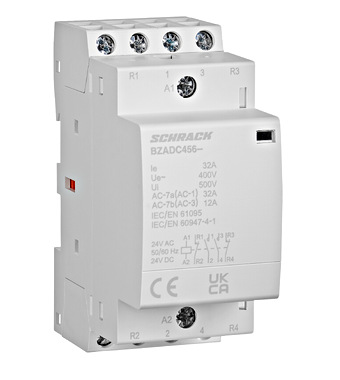 Instalacioni kontaktor AC1: 32A/400V, 2NO+2NC, 24VAC/DC
Veličina 2 modula, nominalna struja 12A u AC-3 režimu rada, standardi proizvoda IEC/EN 61095 i IEC/EN 60947-4-1. Stepen zaštite IP20.