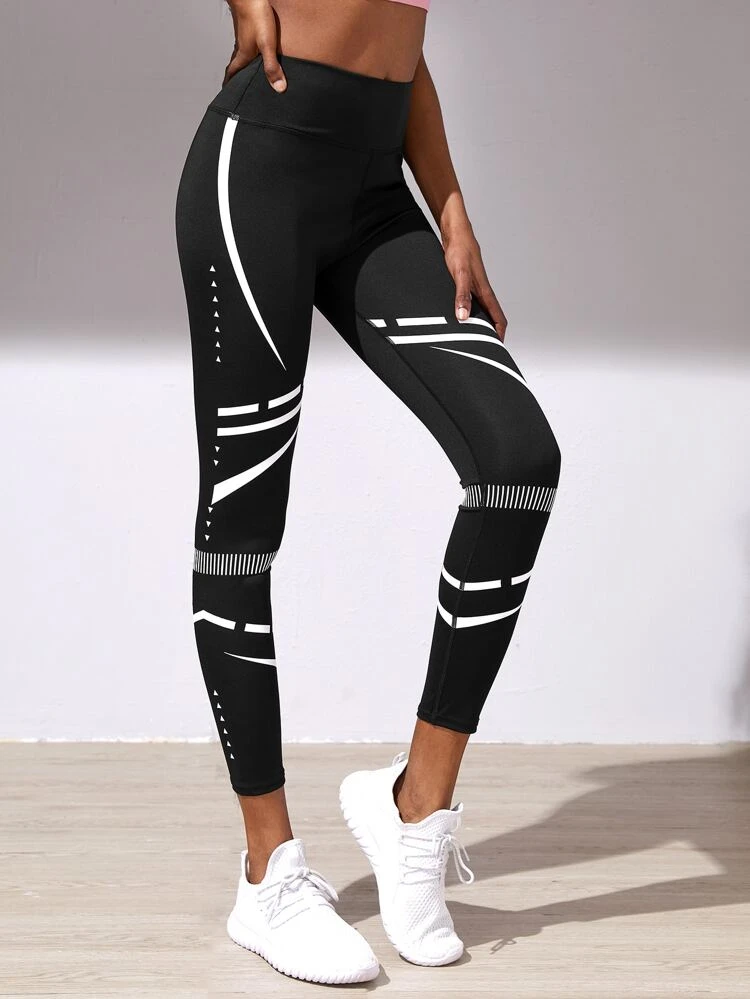Striped Workout Leggings High Stretch Tummy Control Running Tights