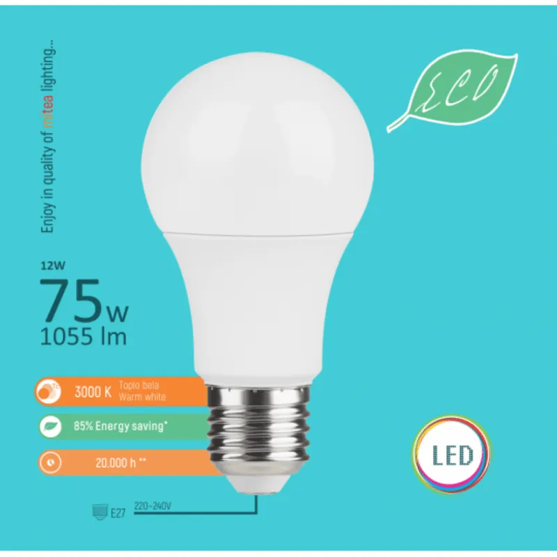 E27 12W A60 3000K LED ECO SIJALICA 220-240V MITEA LIGHTING