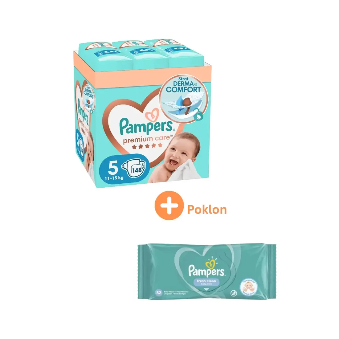 Pampers Pelene Premium Monthly, S5, 11-15 kg, 148 komada + Pampers Vlažne maramice Fresh Clean, 52 komada
