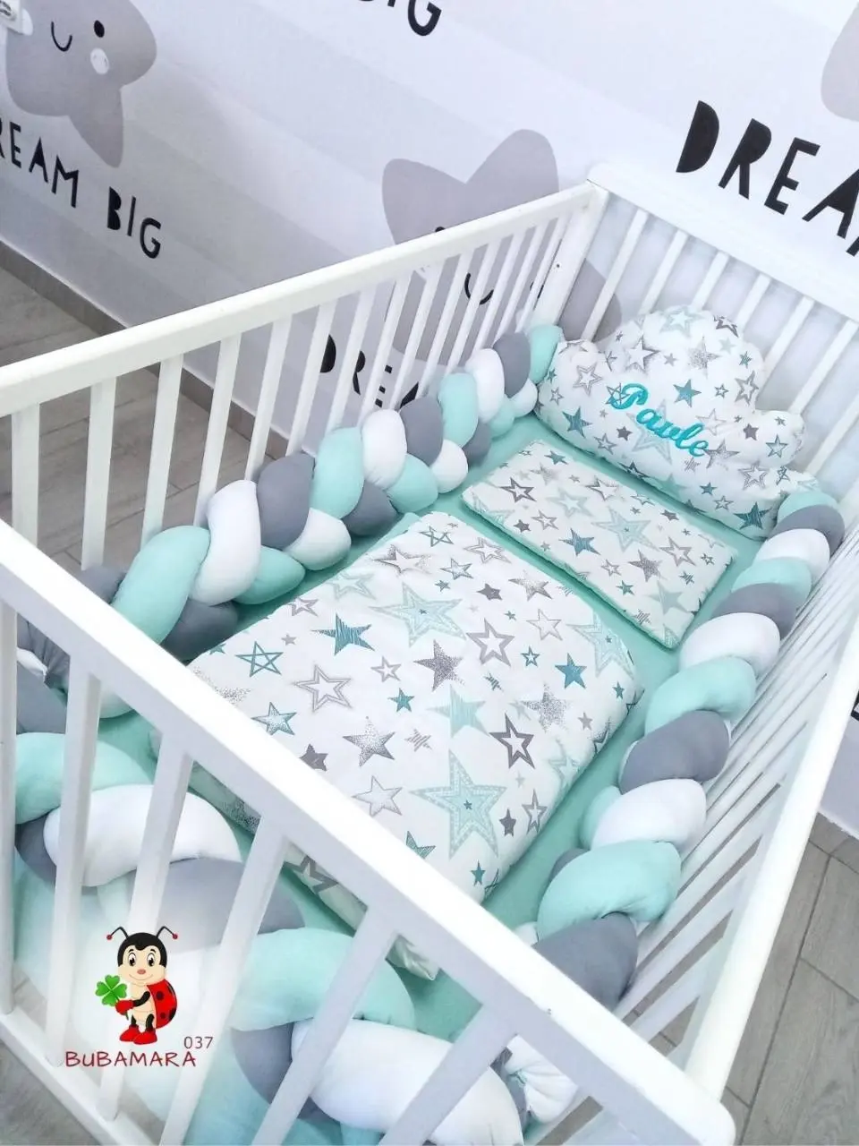 Bubamara037 Set za krevetac sa ogradicom od pletenica, Sa lastišem, Plavi