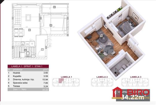 Stan,Novi Sad,Veternik,kv: 34.00, € 69340, ID: 101