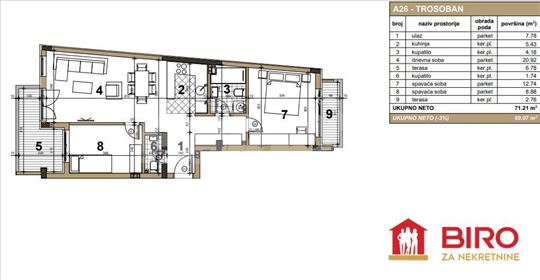 Stan,Novi Sad,Podbara,kv: 71.00, € 198000, ID: 101