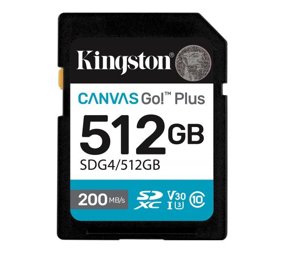 Kingston - SD Card 512GB, Canvas Go! Plus, SDXC Class10 UHS-1 U3 V30, Read up to 200MB/s, Write up to 160MB/s, for 4K and FullHD video recording