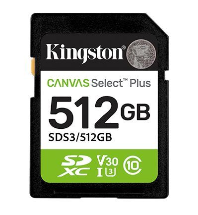 Kingston - SD Card 512GB, Canvas Select Plus, SDHC Class10 UHS-1 U3 V30, up to 150MB/s read