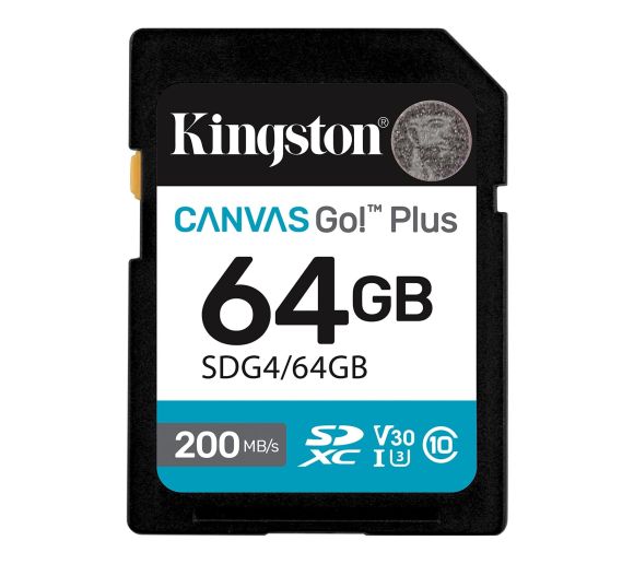 Kingston - SD Card 64GB, Canvas Go! Plus, SDXC Class10 UHS-1 U3 V30, Read up to 200MB/s, Write up to 100MB/s, for 4K and FullHD video recording