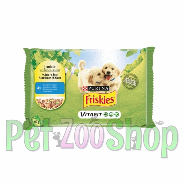 Friskies Junior Multipack za Štence – Piletina i Grašak u želeu, 4x85g